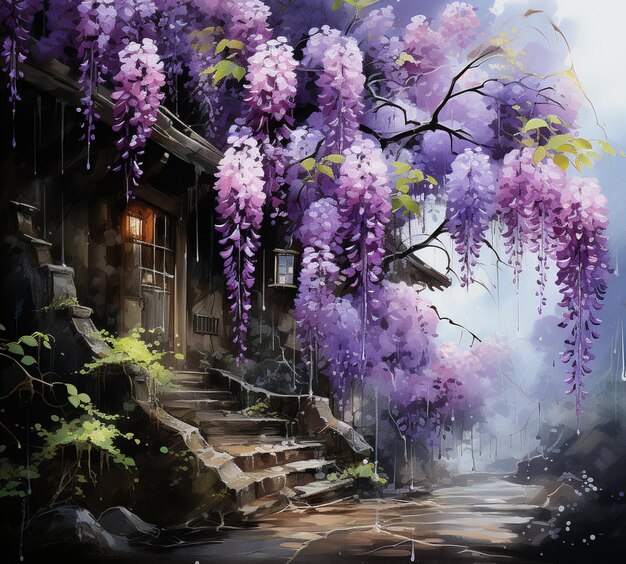 Premium AI Image | painting of a purple flowered tree in front of a ... Premium AI Image | painting of a purple flowered tree in front of a ...
