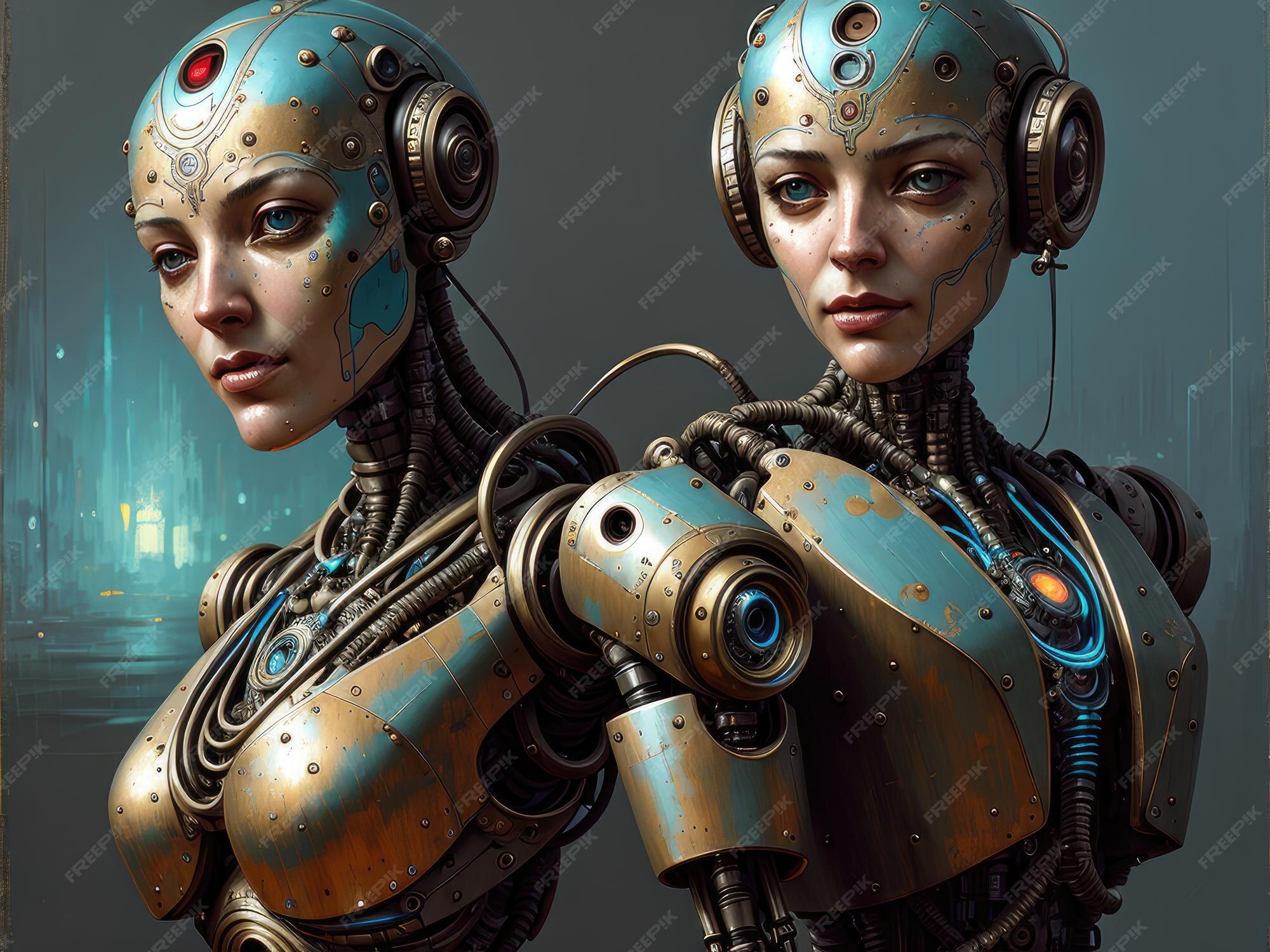 Premium AI Image | A painting of two robots with blue and silver on them. Premium AI Image | A painting of two robots with blue and silver on them.