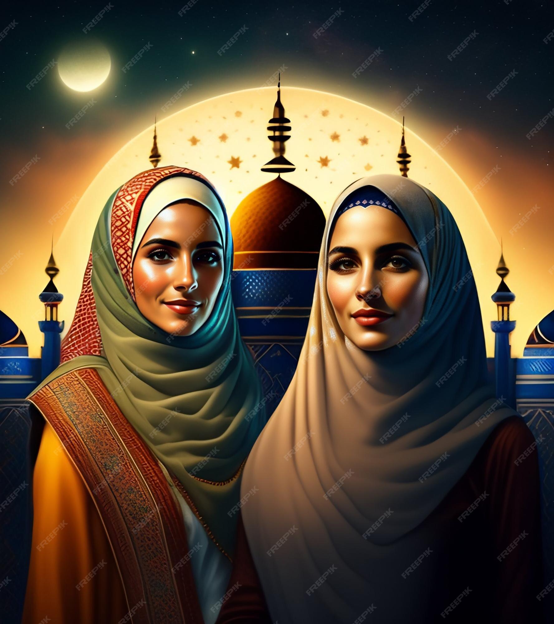Premium AI Image | A painting of two women in front of a moon Premium AI Image | A painting of two women in front of a moon