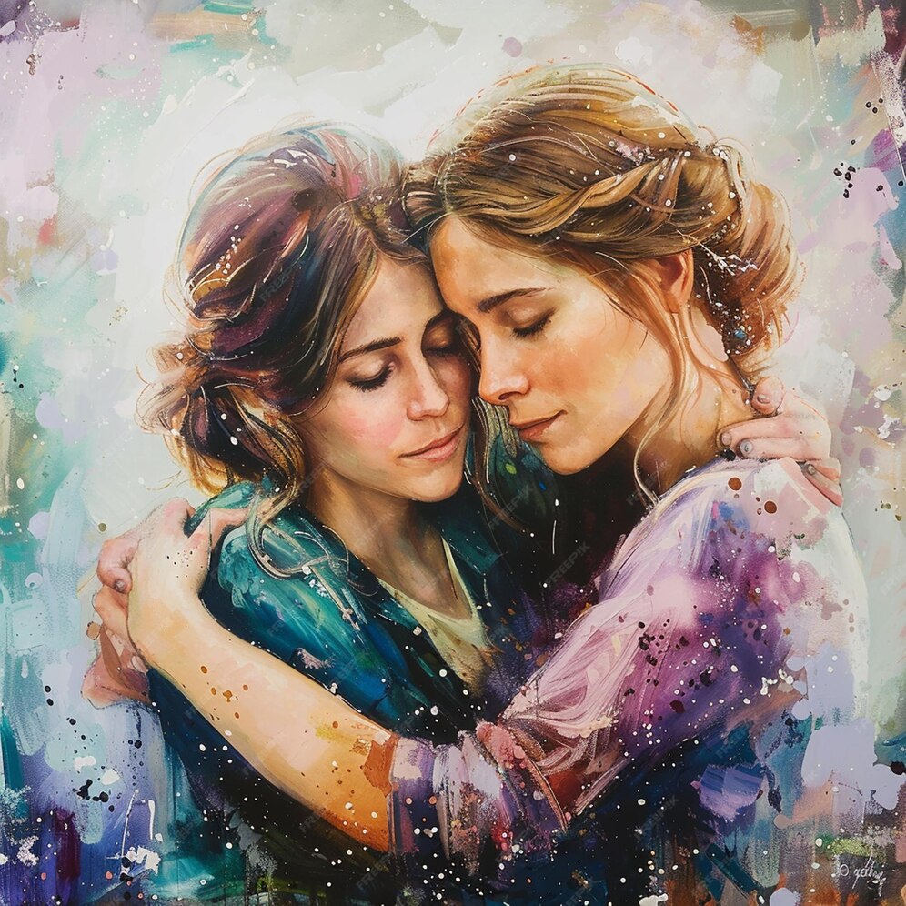 Premium Photo | A painting of two women hugging and hugging Premium Photo | A painting of two women hugging and hugging