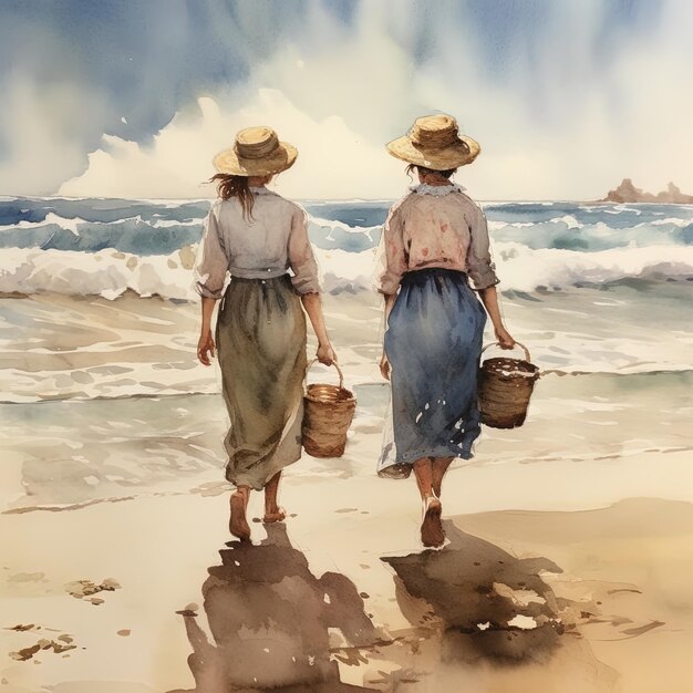 Premium AI Image | A painting of two women with hats on their heads. Premium AI Image | A painting of two women with hats on their heads.