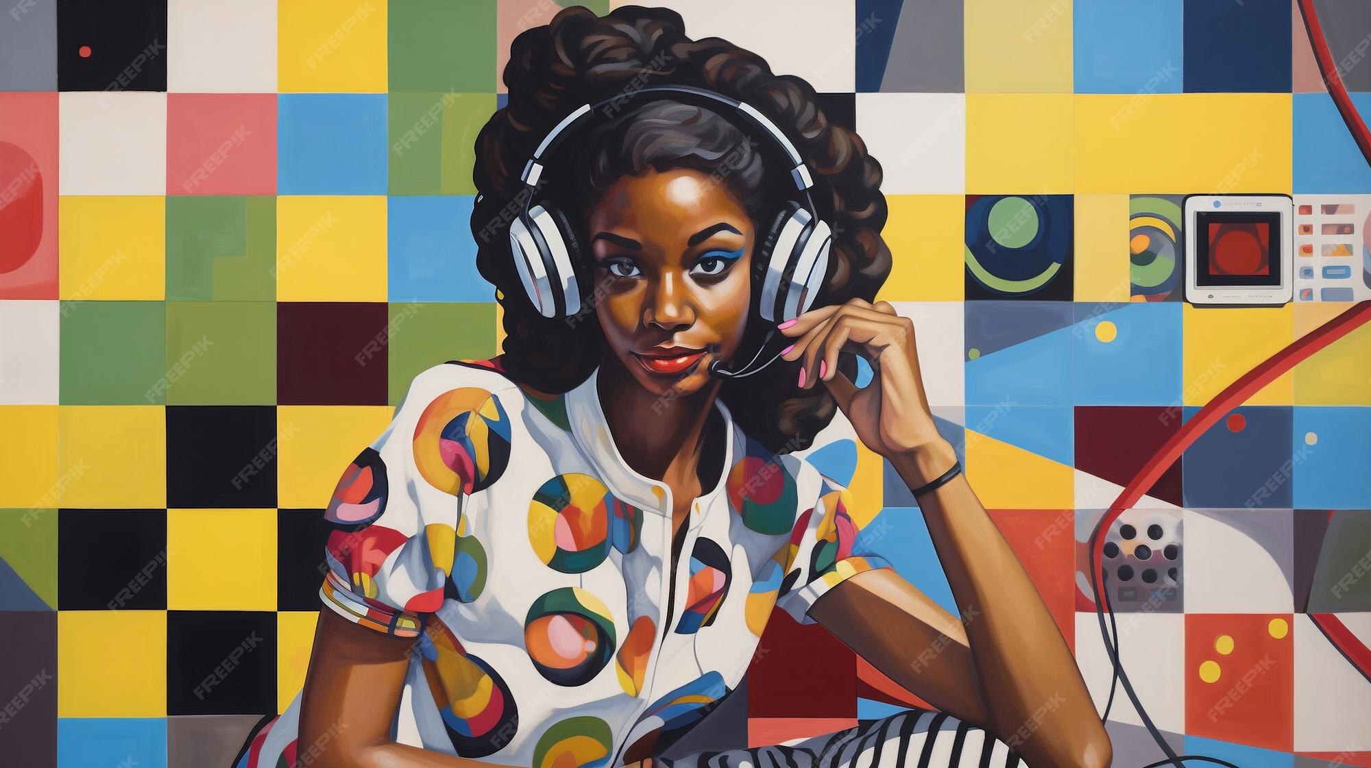 Premium AI Image | A painting of a woman wearing headphones and a headset. Premium AI Image | A painting of a woman wearing headphones and a headset.