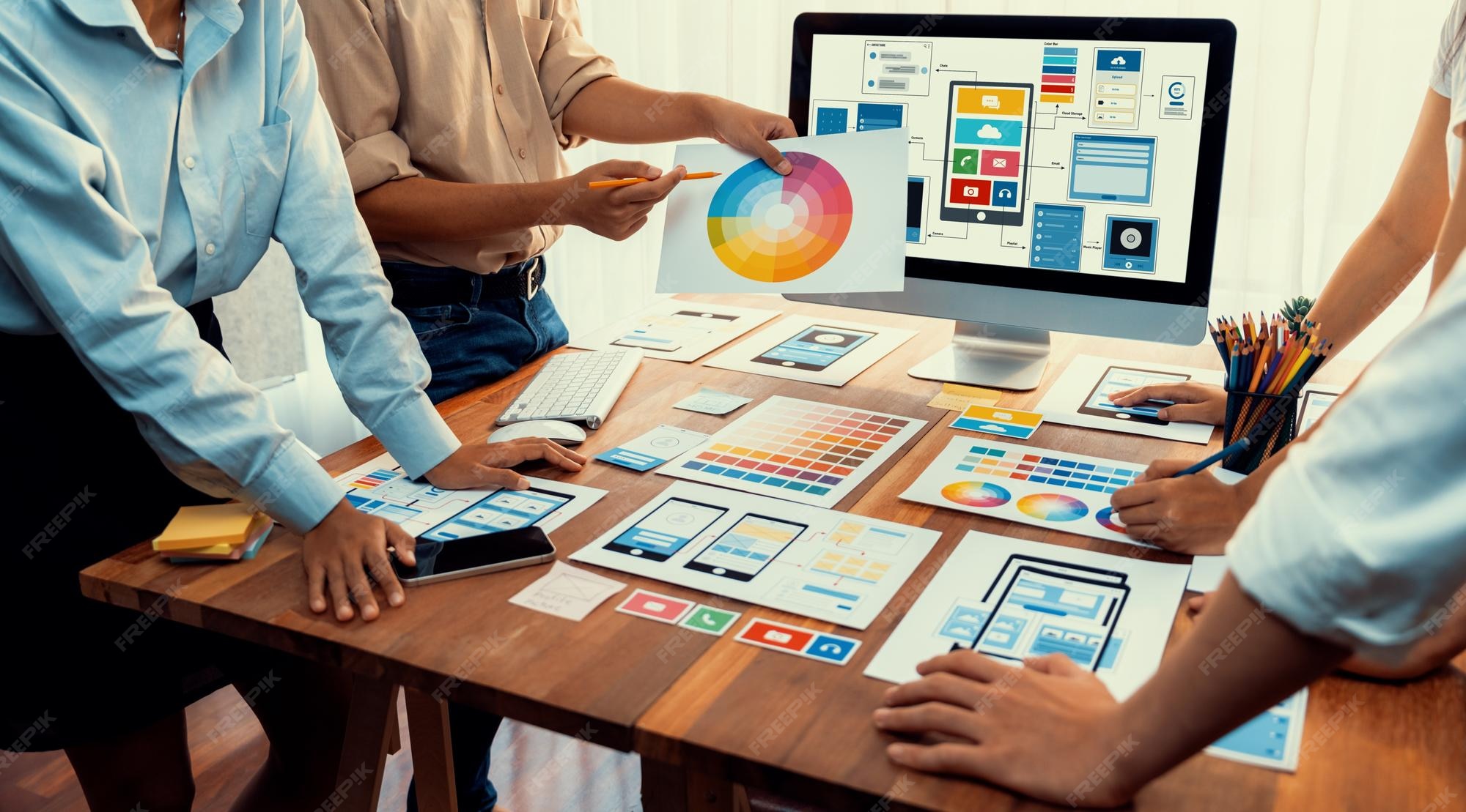 Premium Photo Panorama Shot Of Frontend Developer Team Brainstorming Ui And Ux Designs For