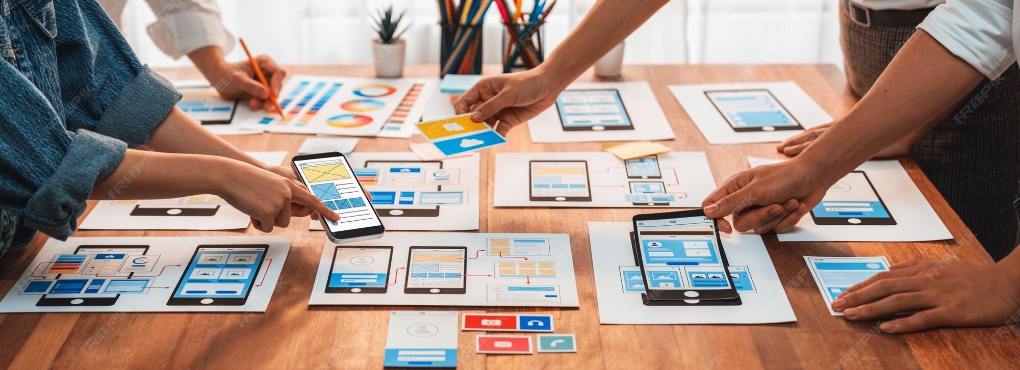 Premium Photo Panorama Shot Of Frontend Developer Team Brainstorming Ui And Ux Designs For