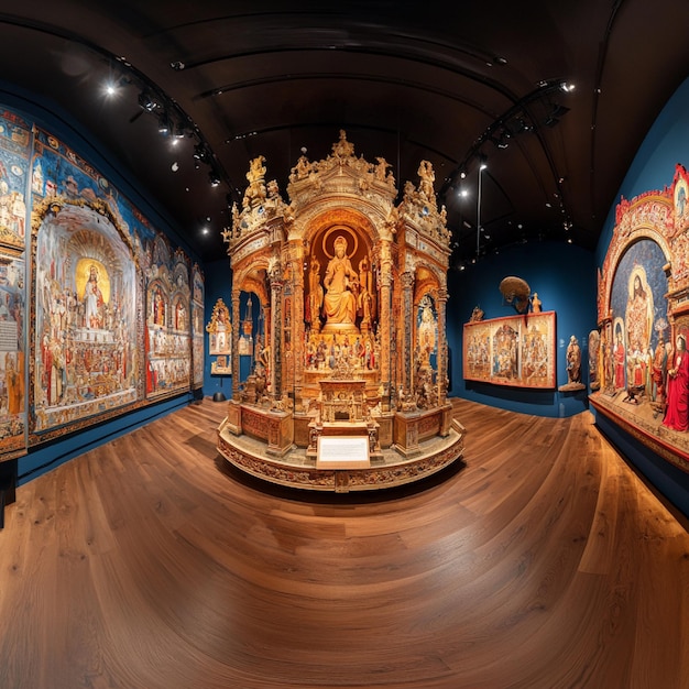 A panoramic view of a museums exhibit on global religious practices and ... A panoramic view of a museums exhibit on global religious practices and ...