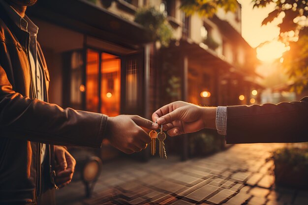 Premium AI Image | Passing keys to new owner against a modern house Premium AI Image | Passing keys to new owner against a modern house