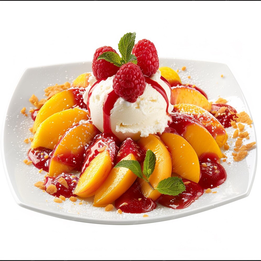 Premium Photo | Peach melba salad with raspberry coulis Premium Photo | Peach melba salad with raspberry coulis