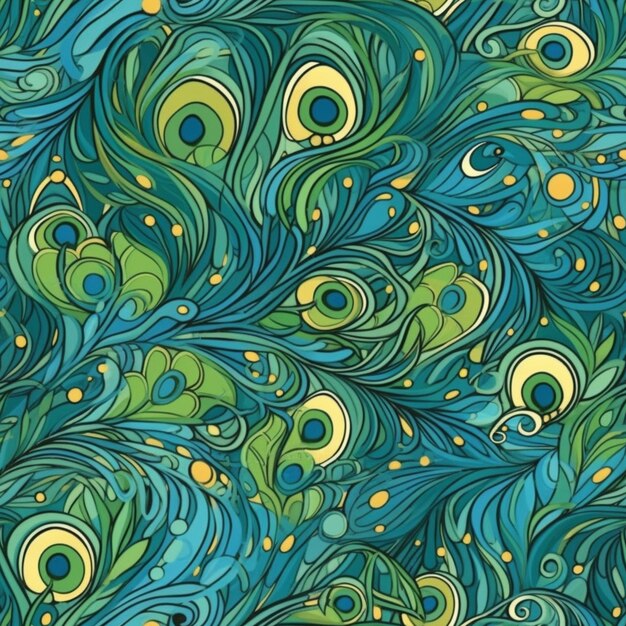 Peacock Feather Seamless Pattern With A Blue And Green Background