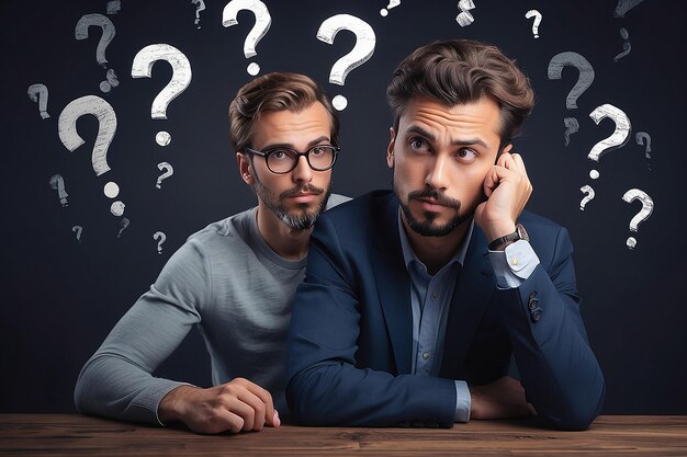 Pensive man with question marks | Premium AI-generated image Pensive man with question marks | Premium AI-generated image
