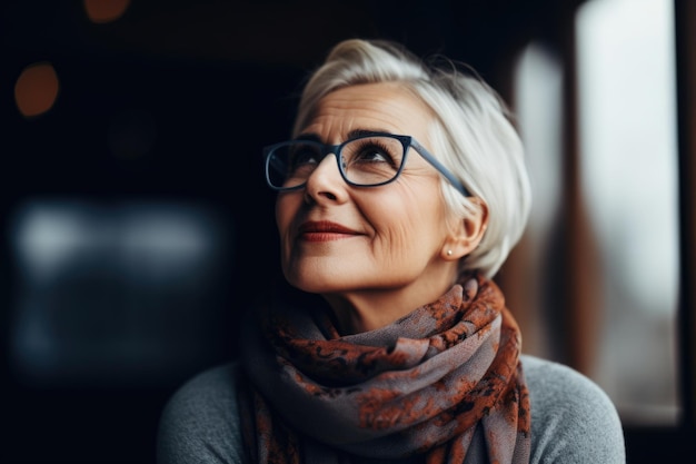 Premium AI Image | pensive older woman with glasses looking up Premium AI Image | pensive older woman with glasses looking up