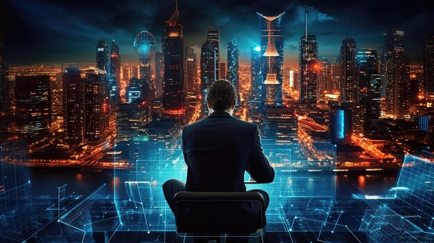 Premium AI Image | Person analyzing telecom data on city light background Premium AI Image | Person analyzing telecom data on city light background