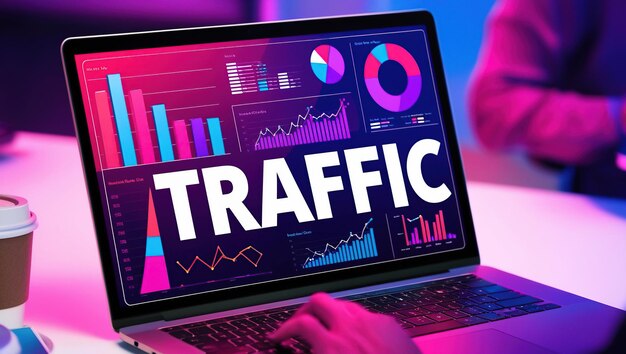 Person analyzing website traffic data on laptop with graphs and charts ... Person analyzing website traffic data on laptop with graphs and charts ...
