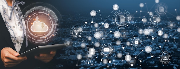 Premium Photo | Person hand using sdigital tablet with cloud computing icon Cloud computing ...