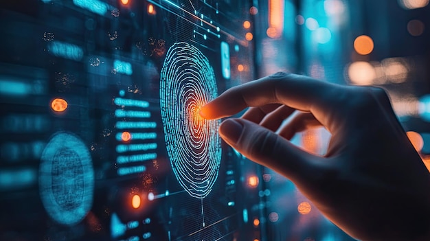 A person using biometric authentication to access a secure financial ... A person using biometric authentication to access a secure financial ...