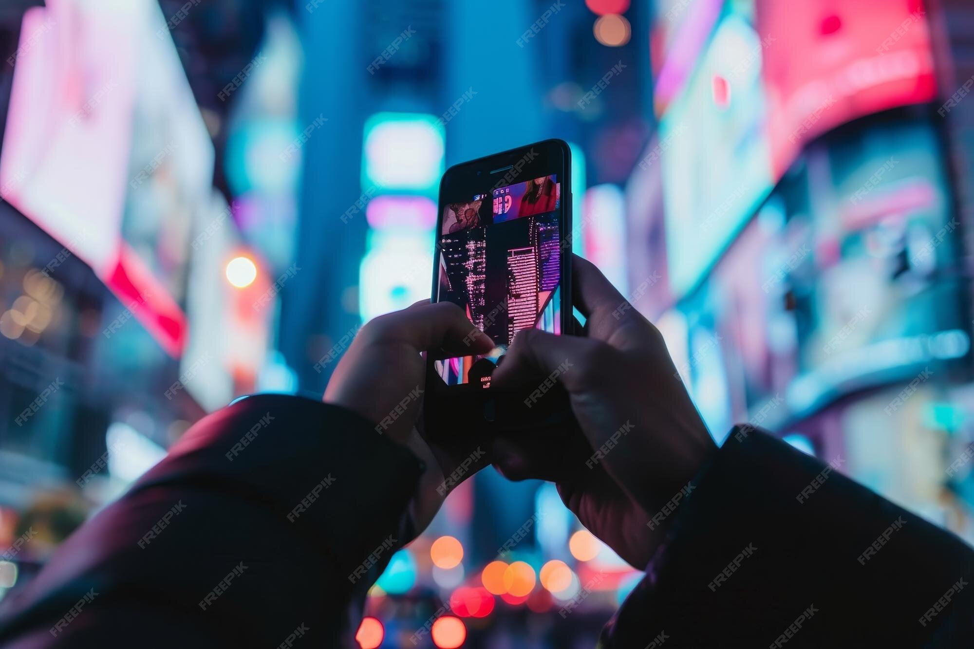 A person using a camera to photograph a city skyline illuminated at ... A person using a camera to photograph a city skyline illuminated at ...