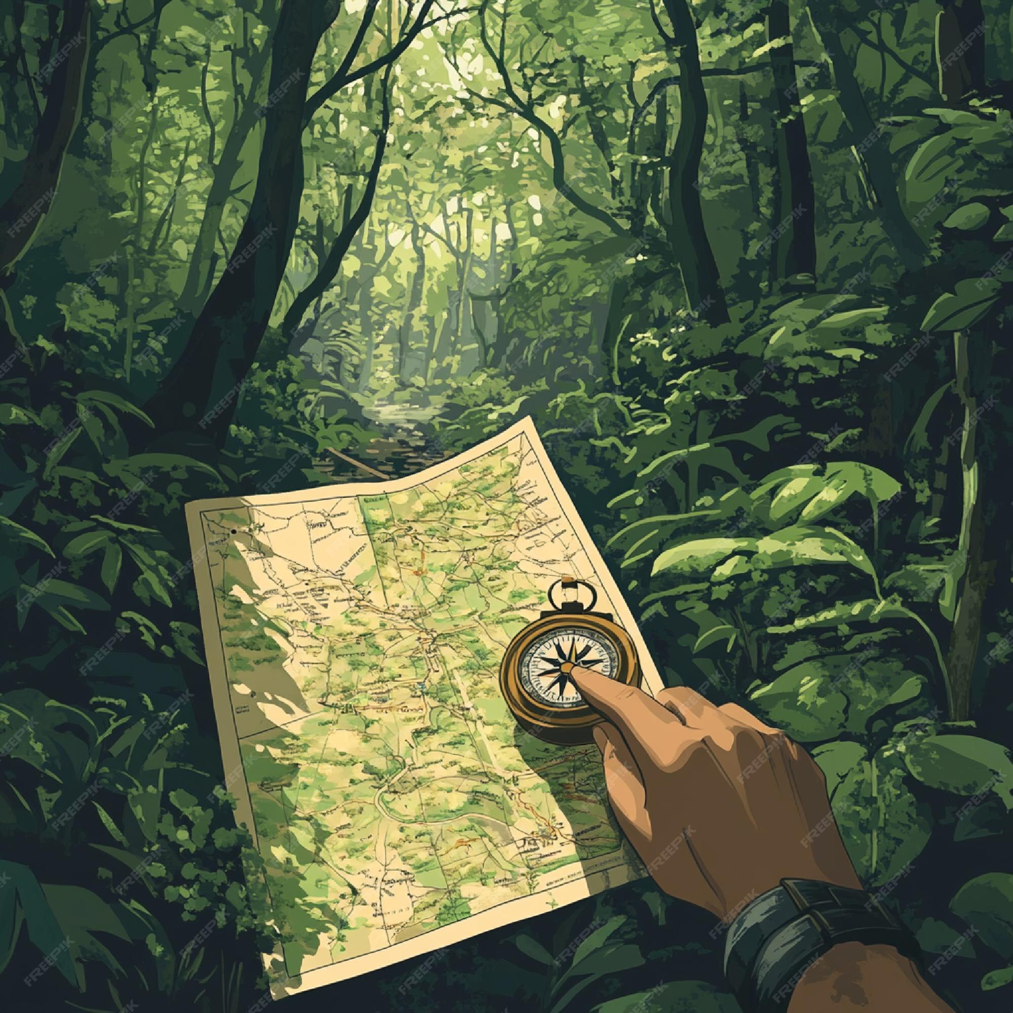 A person using a map and compass to navigate through a dense forest ... A person using a map and compass to navigate through a dense forest ...