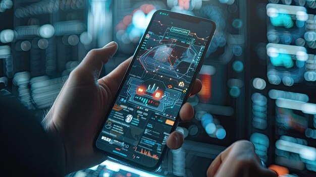 A person using a smartphone to analyze complex data patterns and algorithms exploring advanced ...