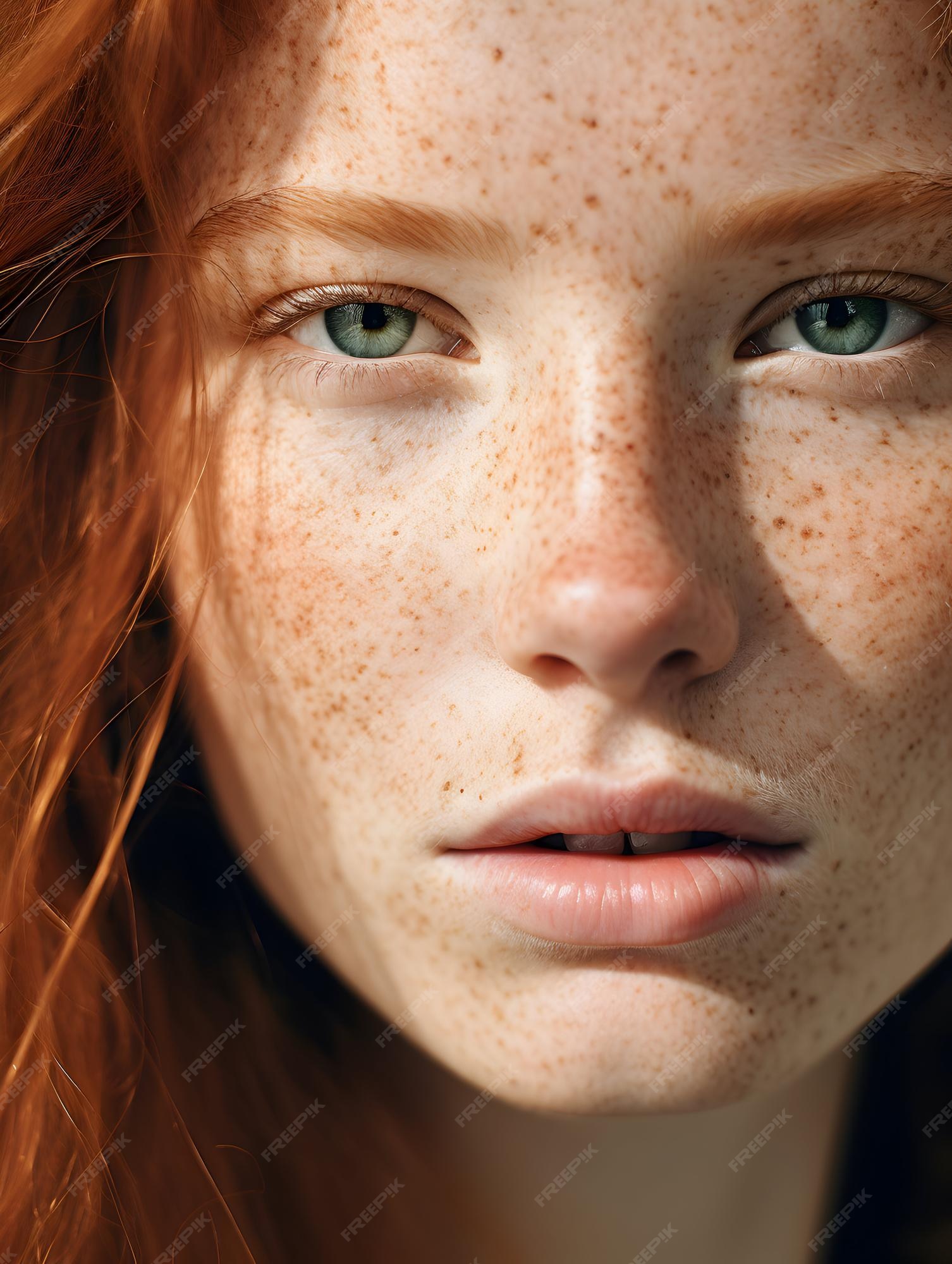 Premium Photo Photo Beautiful Freckled Model Closeup Generative Ai