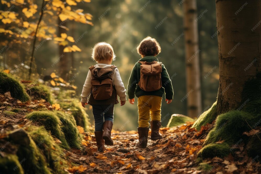 Premium Photo | Photo from behind of siblings exploring a forest trail ... Premium Photo | Photo from behind of siblings exploring a forest trail ...