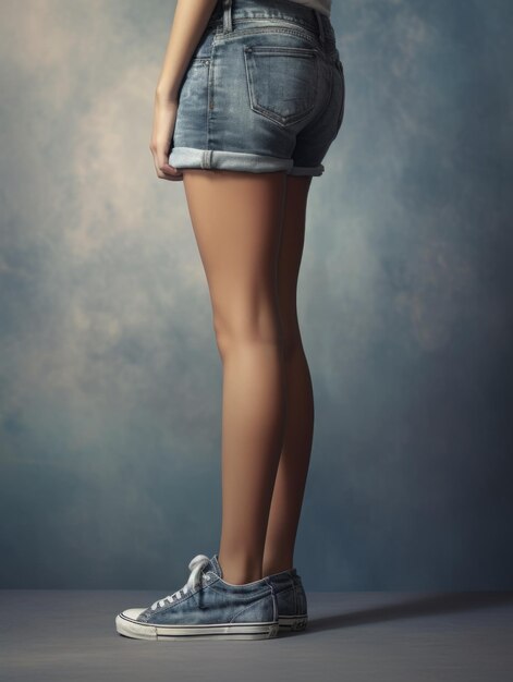 Photo Of A Woman Legs In Profile Denim Shorts Grey Premium Ai Generated Image