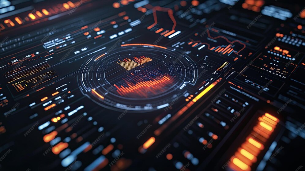 A photorealistic data visualization dashboard with intricate graphs ...