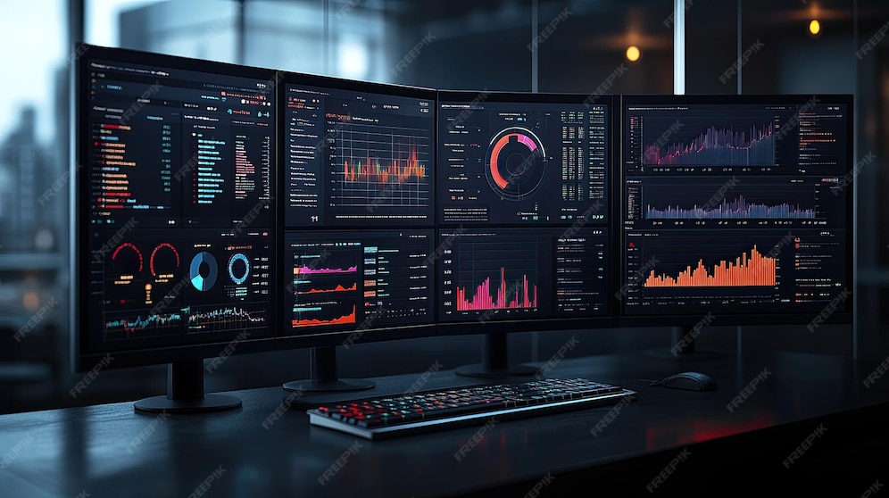 A photorealistic data visualization dashboard with intricate graphs ...
