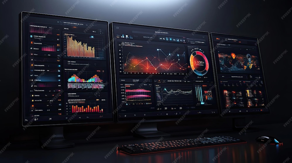 A photorealistic data visualization dashboard with intricate graphs ...