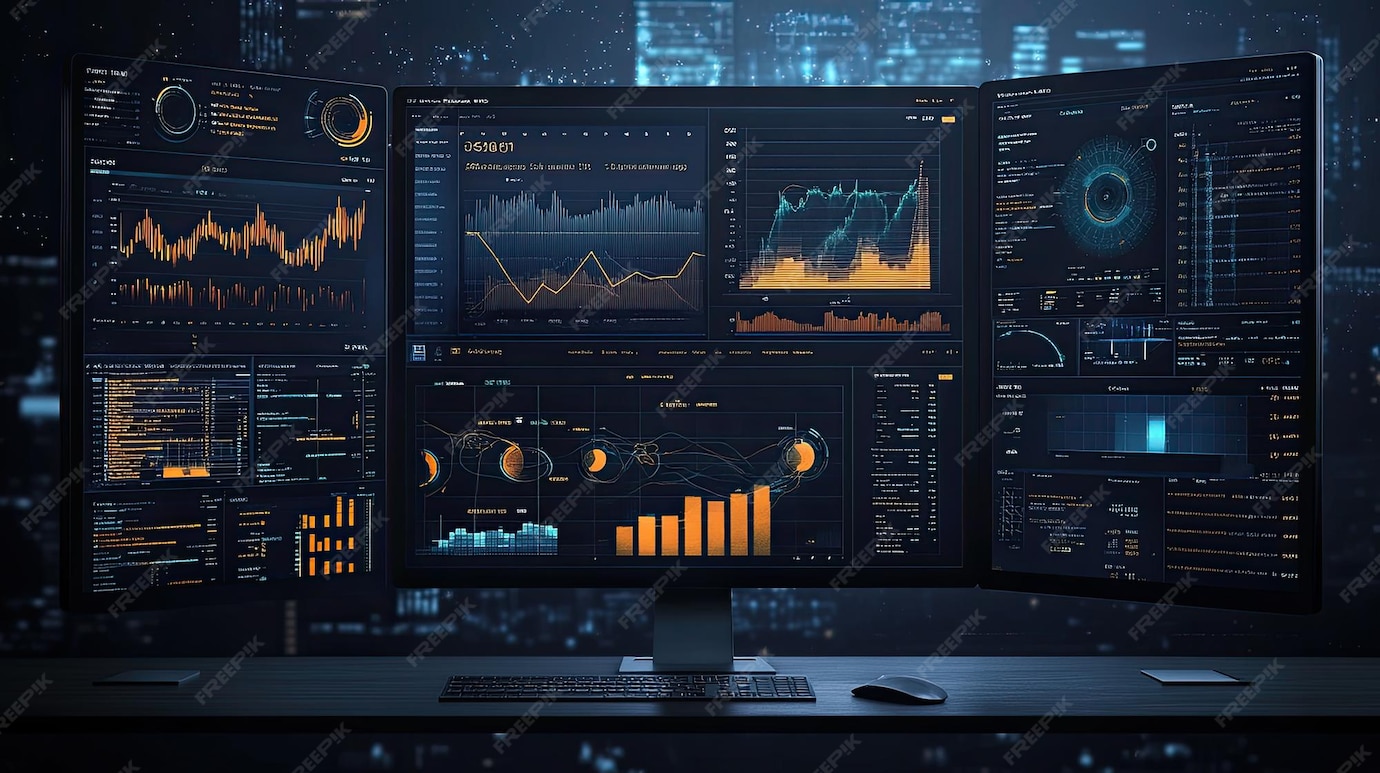 A photorealistic data visualization dashboard with intricate graphs ...