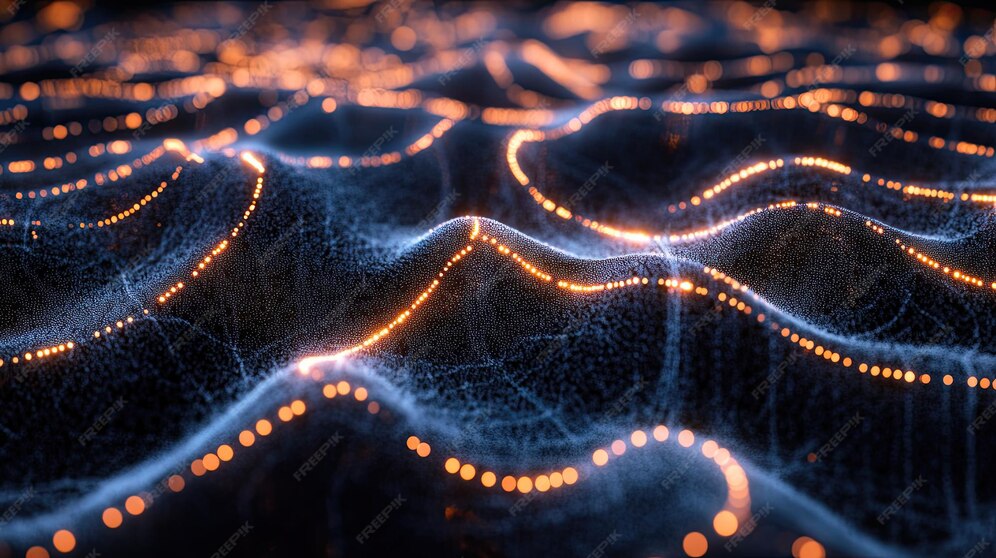 A photorealistic visualization of a machine learning algorithm at work with cascading lines of ...