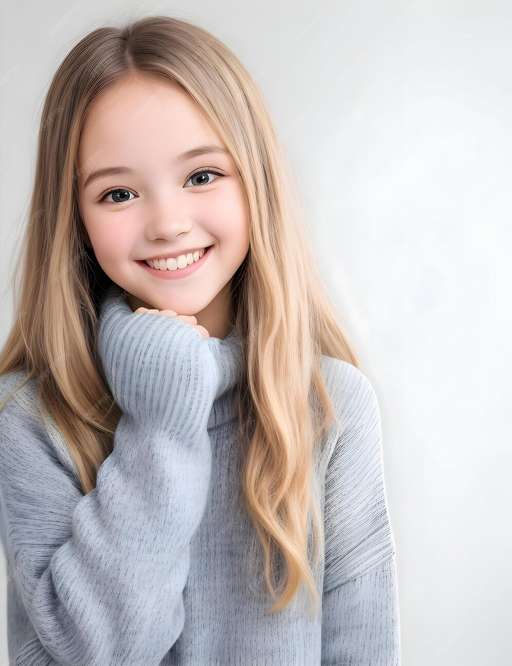 Premium Ai Image Picture Of A Beautiful Cute Smiley Girl Wearing A Skyblue Sweater