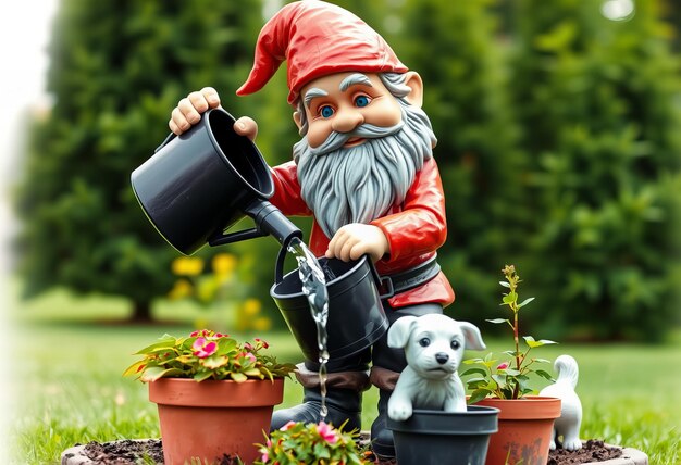 Picture Garden gnome statue watering plants with a black bucket ... Picture Garden gnome statue watering plants with a black bucket ...