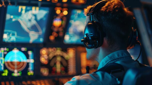 A Pilot Communicating With Air Traffic Control Via Satellite Link For Safe Navigation And Flight