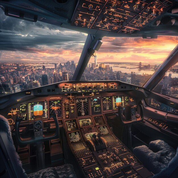 Premium Photo | Pilots in cockpit airplane over city at sunset Premium Photo | Pilots in cockpit airplane over city at sunset