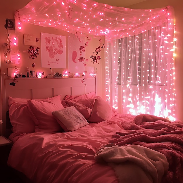 Pink Bedroom Decor with Fairy Lights and Cozy Bedding Premium AI generated image
