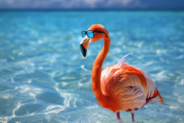 Premium Photo A Pink Flamingo Wearing Sunglasses Is Standing In The