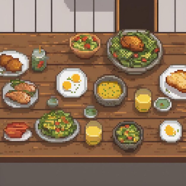 Pixel art depicting a bountiful feast on a rustic wooden table ... Pixel art depicting a bountiful feast on a rustic wooden table ...