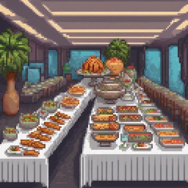 Pixel art depicting a bountiful long table laden with diverse culinary ... Pixel art depicting a bountiful long table laden with diverse culinary ...