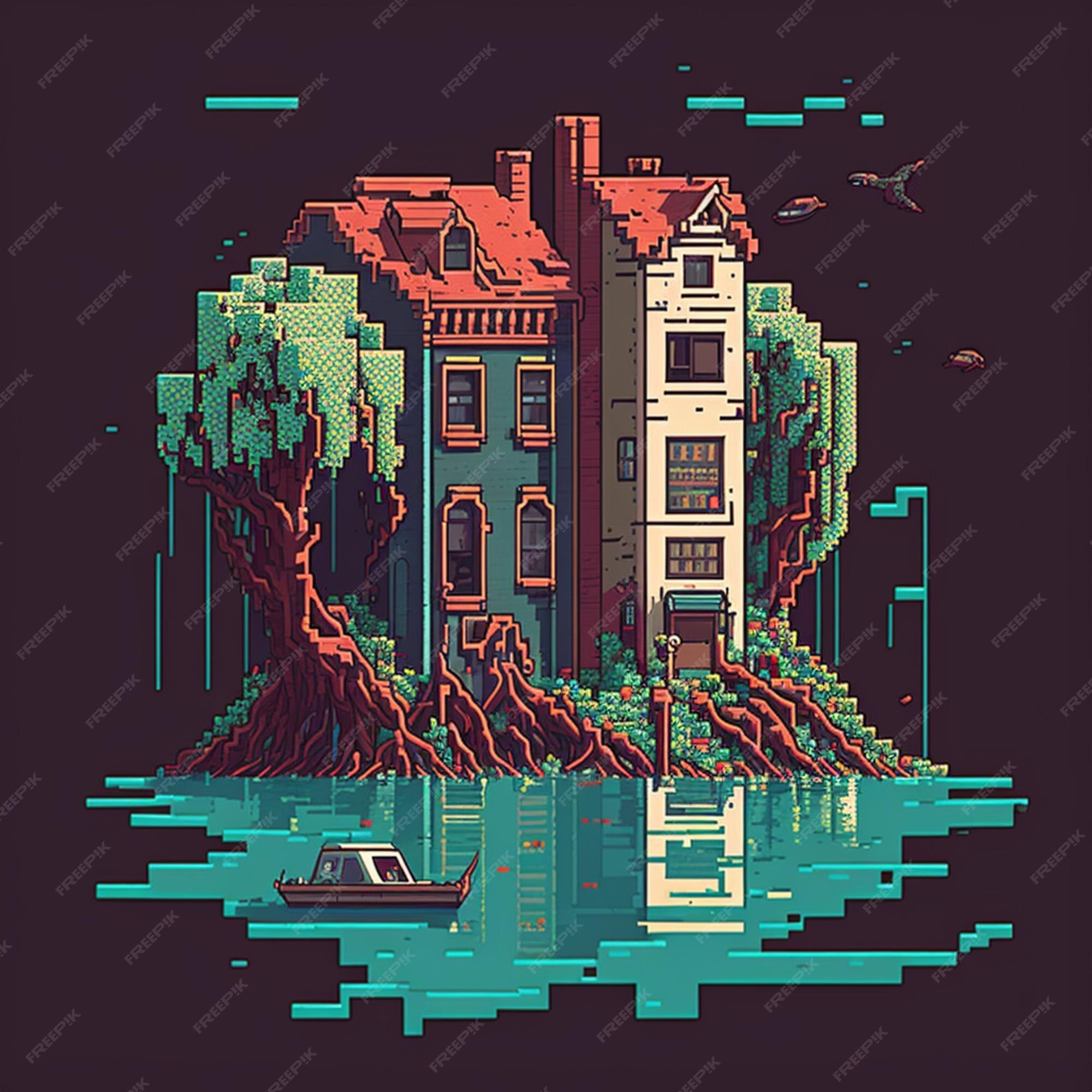 Premium Ai Image Pixel Art Of A House On A Small Island With A Boat Generative Ai