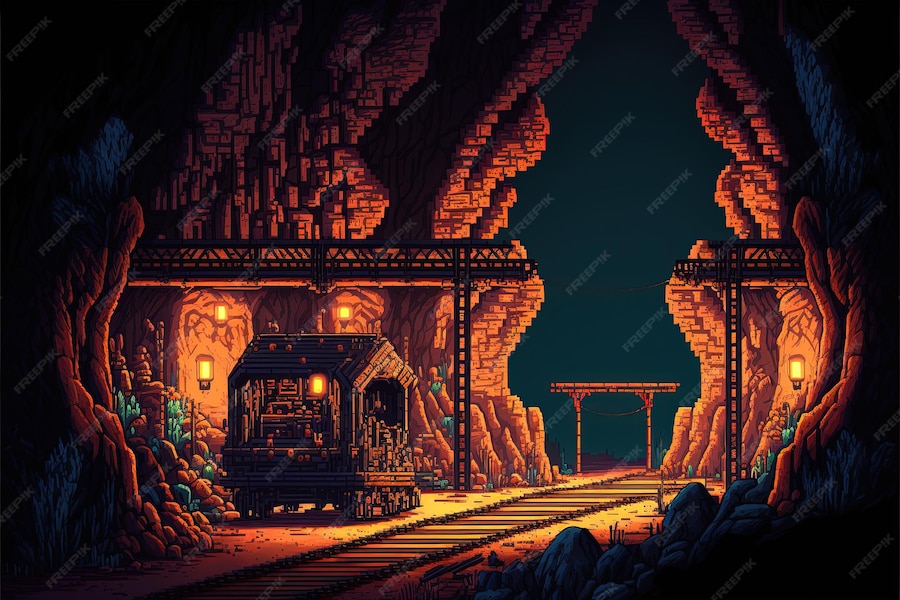Premium Ai Image Pixel Art Mining Cave With Ore Carts Underground Mine Background In Retro