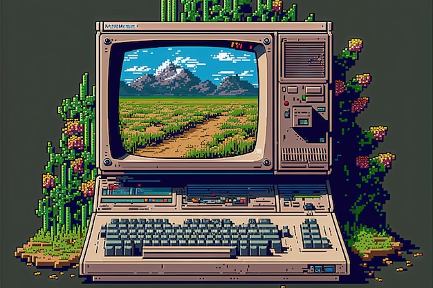 Premium Photo | Pixel art old computer with landscape wallpaper ... Premium Photo | Pixel art old computer with landscape wallpaper ...