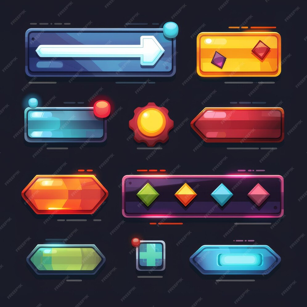 A pixel game menu button set with arrows level bars menu stop and play ...