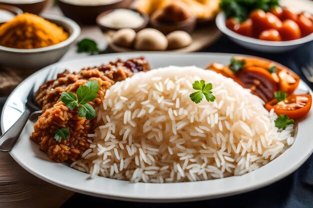Premium AI Image | A plate of rice with rice and vegetables Premium AI Image | A plate of rice with rice and vegetables