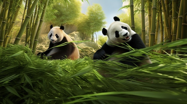 Premium Ai Image Playful Pandas Amidst Bamboo Forest