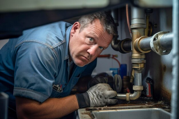 Premium Photo | A plumber fixing a leaking pipe under a sink Premium Photo | A plumber fixing a leaking pipe under a sink