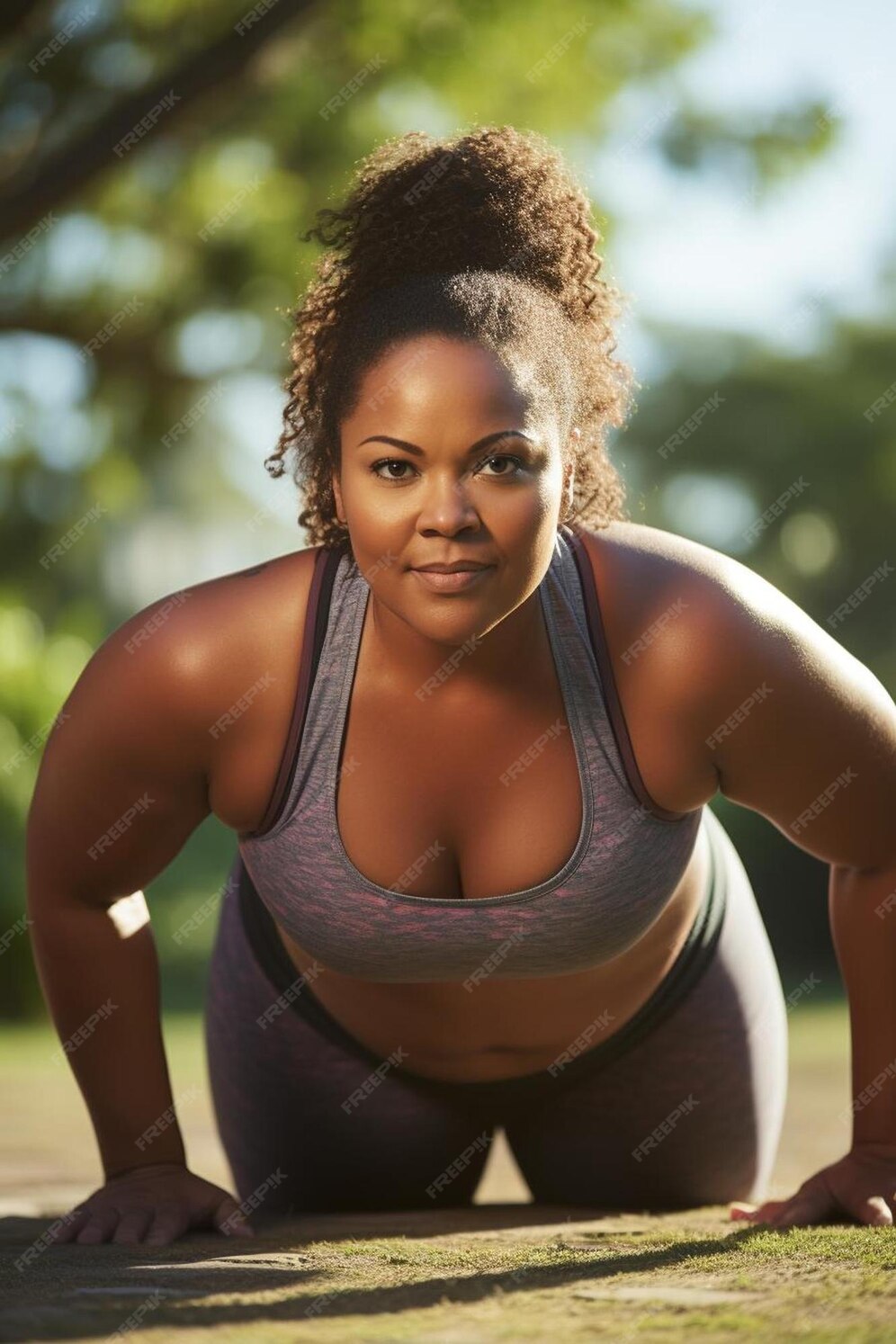 Premium Ai Image Plus Size Female In Sportswear Doing Lunge Workout Watching Online Exercise