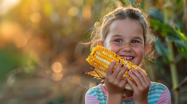 Premium Photo Portrait Of A American Girl Eating Grilled Corn With A Blurry Corn Field