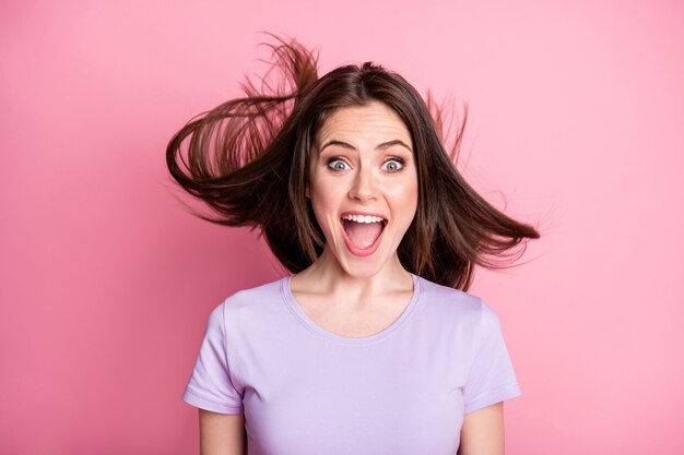 Premium Photo Portrait Of Astonished Positive Cheerful Girl Impressed