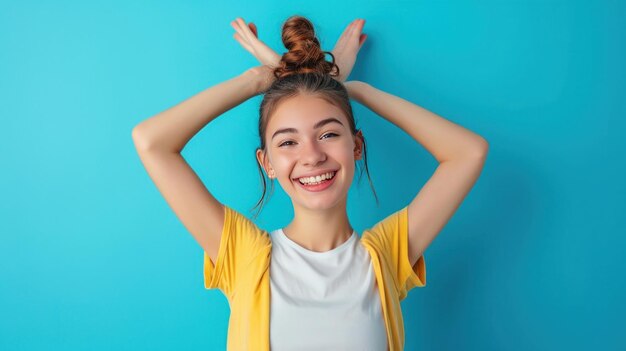 Premium Photo Portrait Of Attractive Cheerful Girl Demonstrating Copy