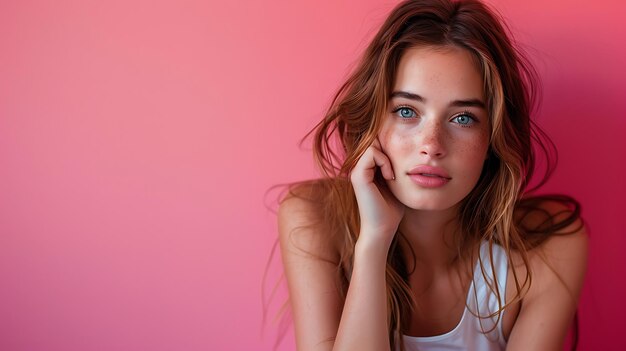Portrait Of Attractive Curious Cheerful Long Haired Girl Thinking Copy