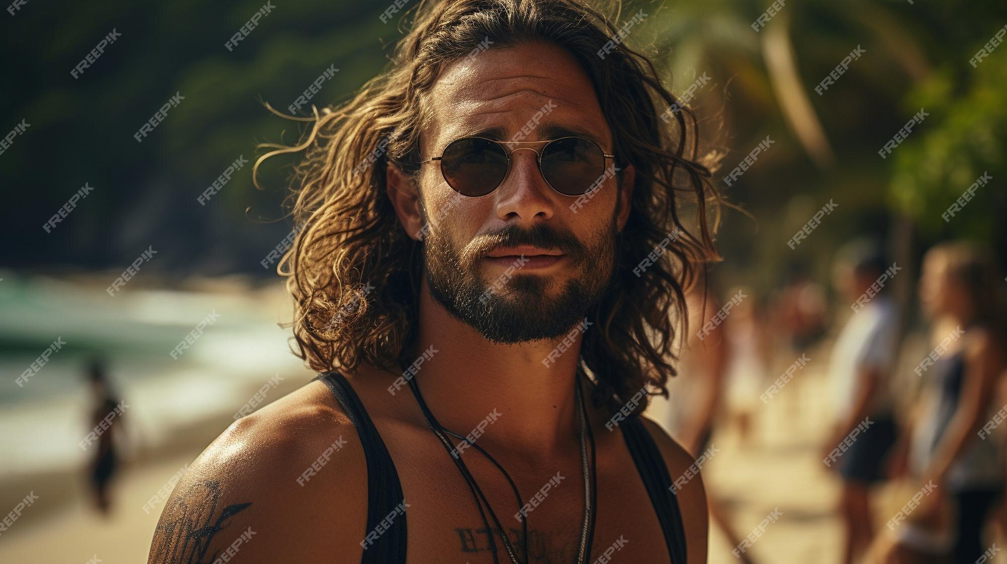 Premium Ai Image Portrait Of An Attractive Man Pulling Off His Shirt With A Beard Long Hair